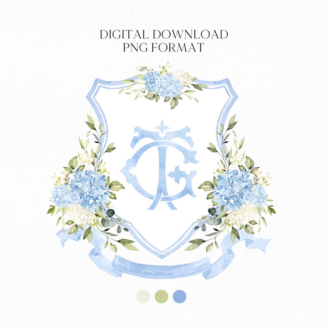 Blue and White Hydrangea Flower Wedding Crest - Monogram Crest ...