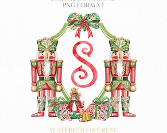Santa Red Green Christmas Crest Monogram Crest Christmas Watercolor ...