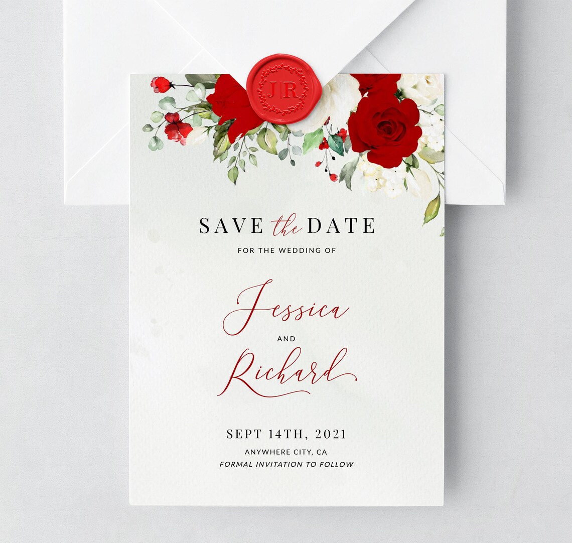 ROSIE Red Floral Save the Date Red and White Roses Save the - Etsy