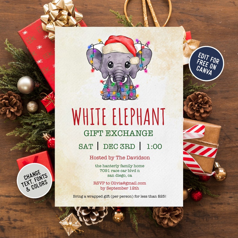 White Elephant Party Invitation Template, Secret Santa Christmas Party ...