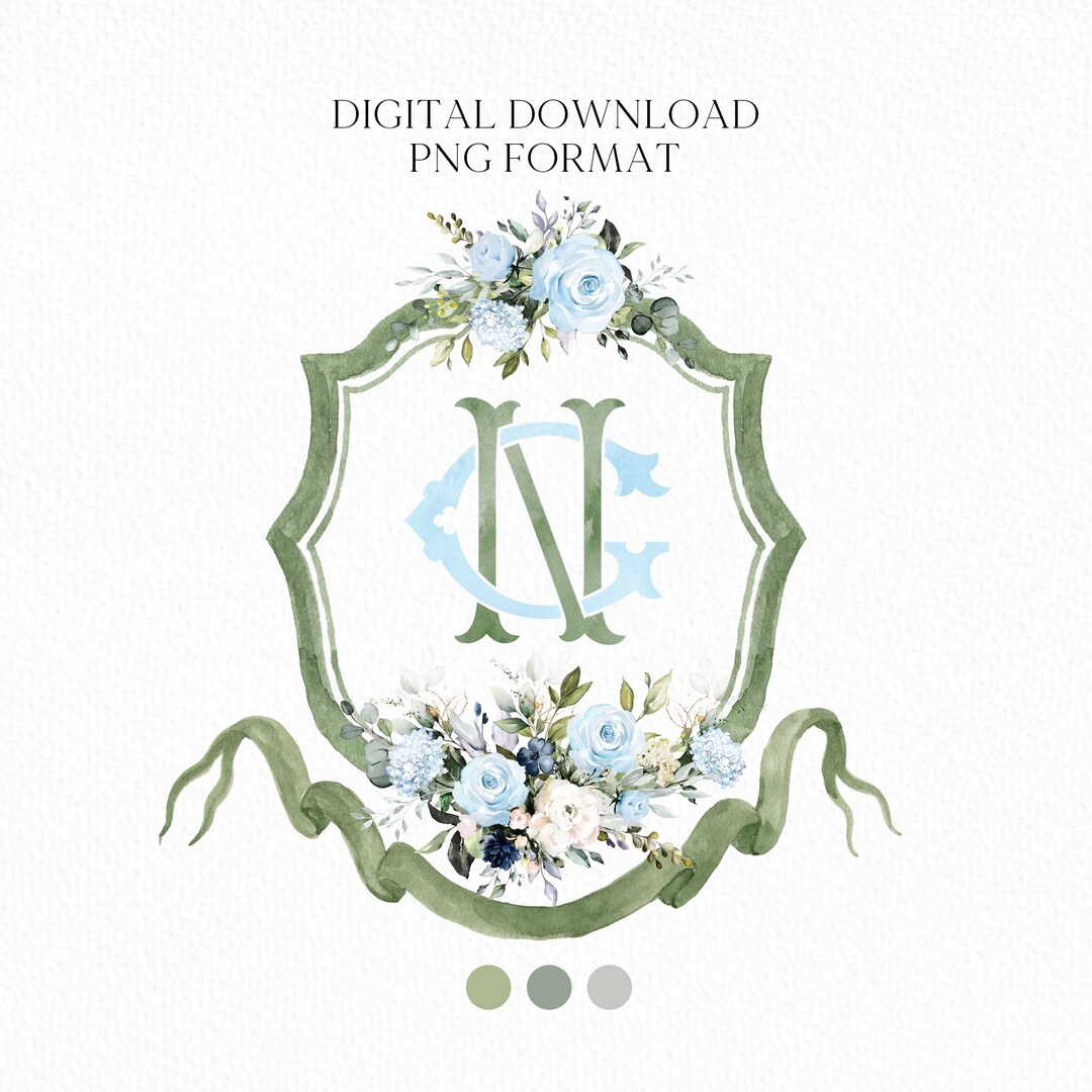 Soft Blue Roses Eucalyptus Flower Wedding Crest - Monogram Crest - Blue ...