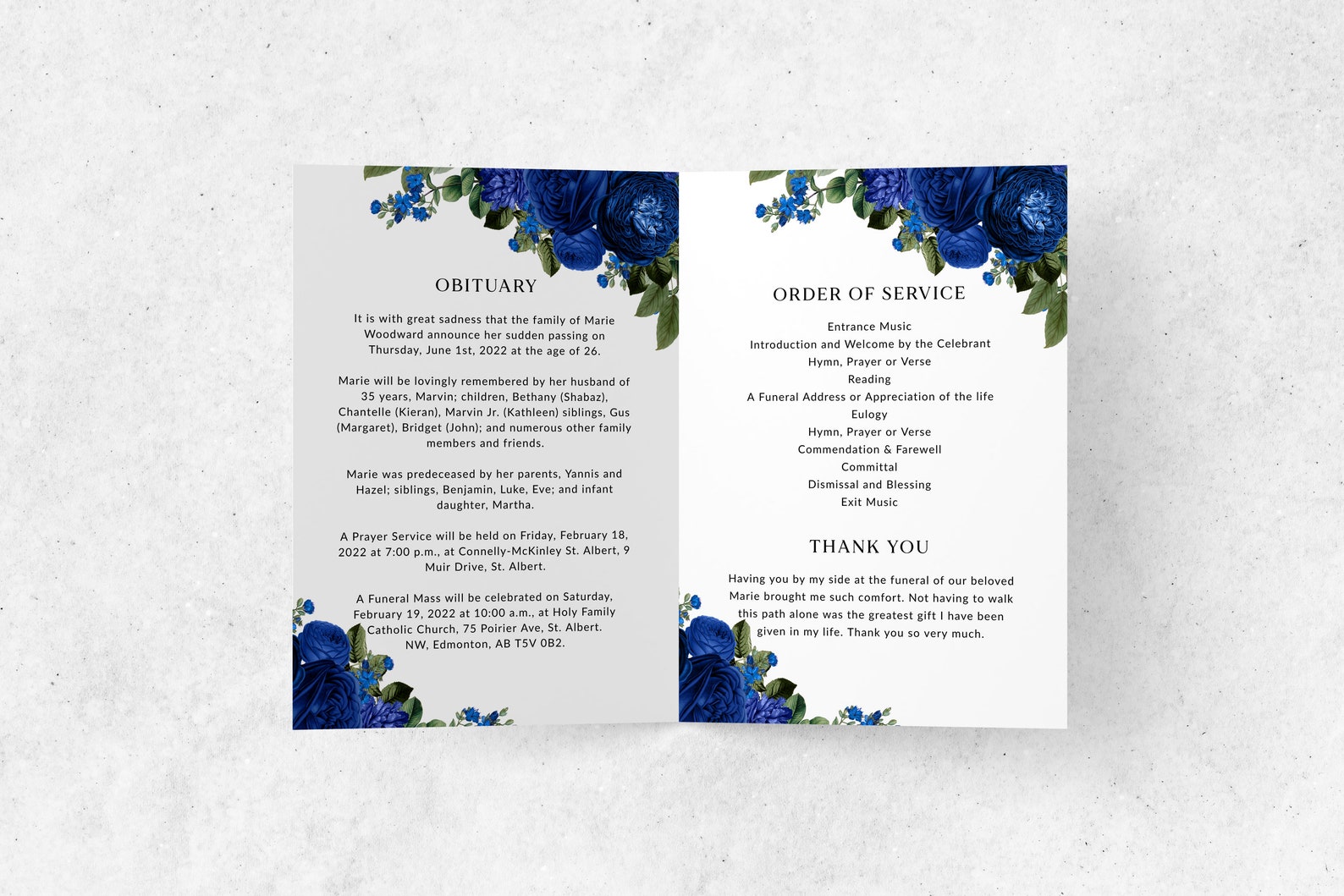 Royal Blue Funeral Program Template, Royal Blue Floral Funeral Program ...