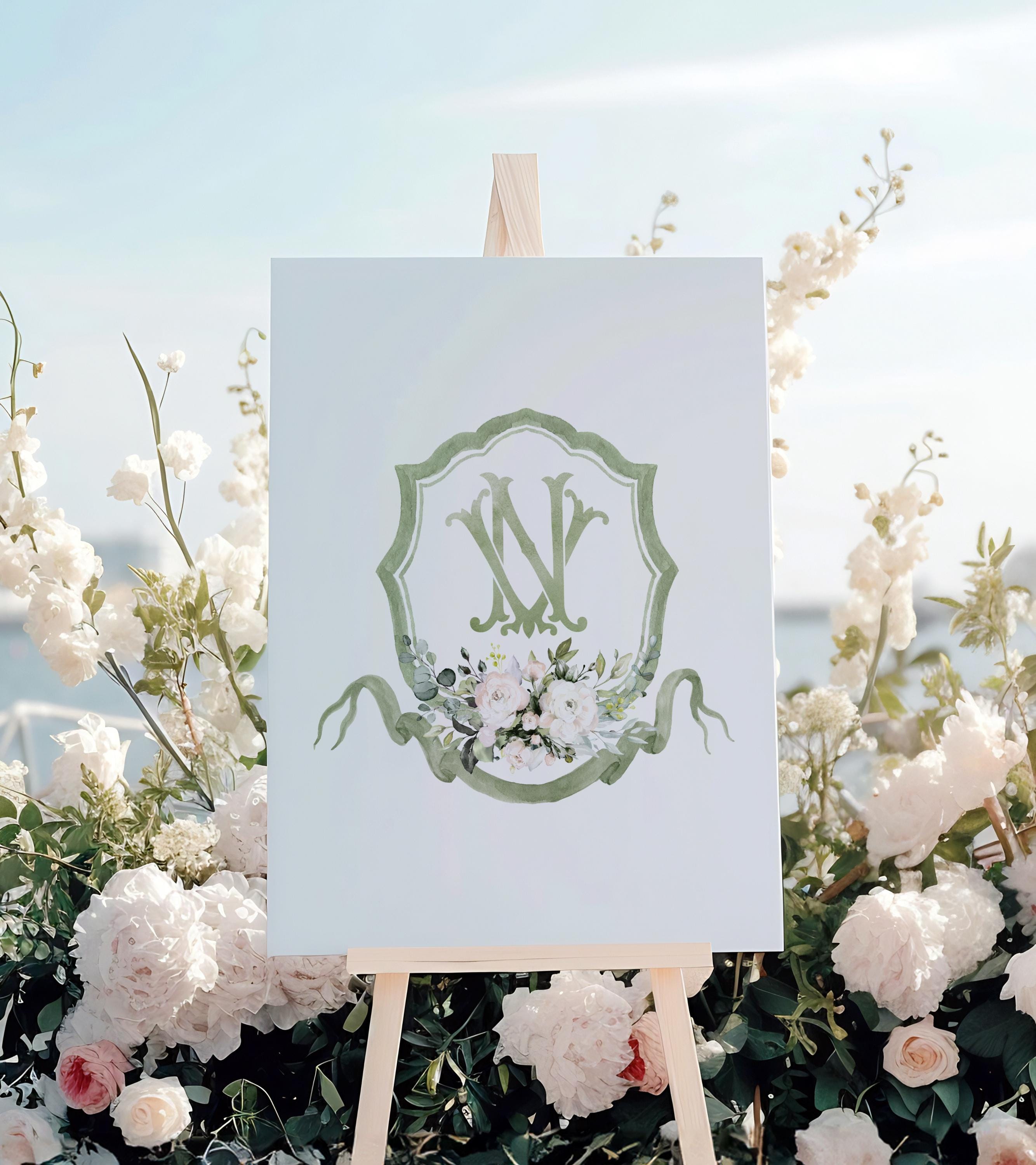 IVORY Rose Greenery Floral Flower Wedding Crest - Monogram Crest ...