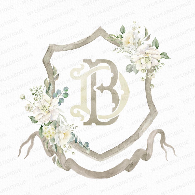 White Roses Flower Wedding Crest Monogram Crest White Floral Luxury ...