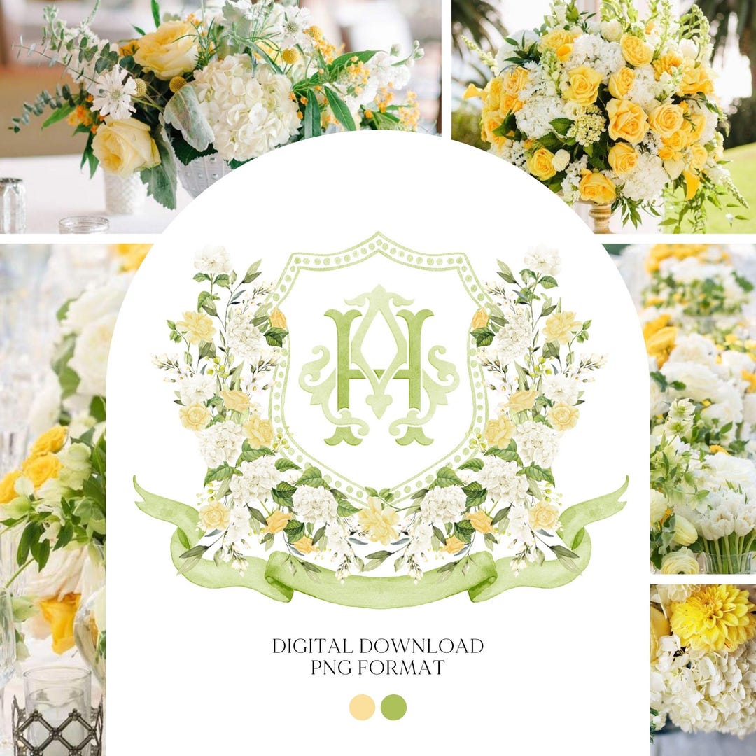 White Hydrangea Light Yellow Rose Flower Wedding Crest - Monogram Crest ...