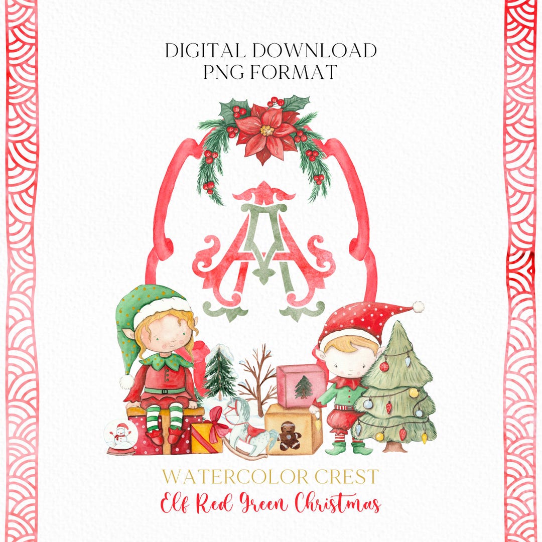 Elf Red Green Christmas Crest - Monogram Crest - Christmas Watercolor ...
