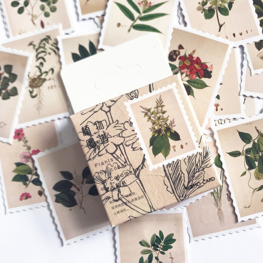 Plant & Flower Stamp Mini Box Stickers 45 Botanical Vintage Peel off ...