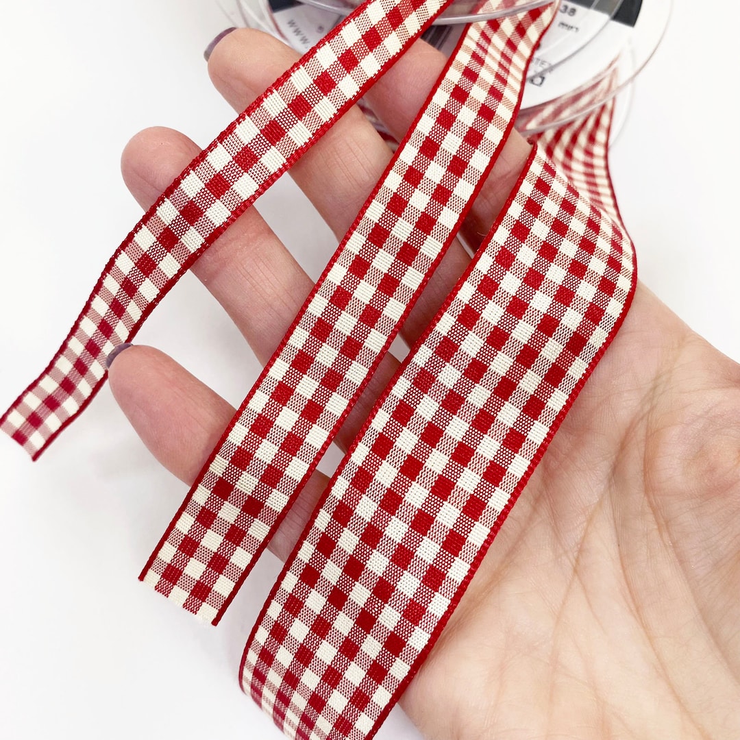 Red & Cream Gingham Ribbon 10mm 15mm 25mm 1m or Full 20m Roll Craft ...