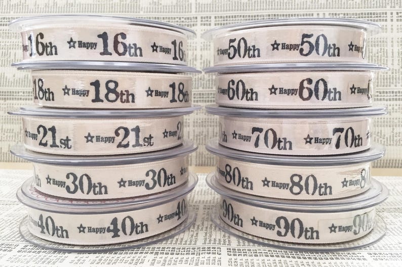 Birthday Ribbon | Age Anniversary Cream Grey 15mm 1m or Full Roll ...