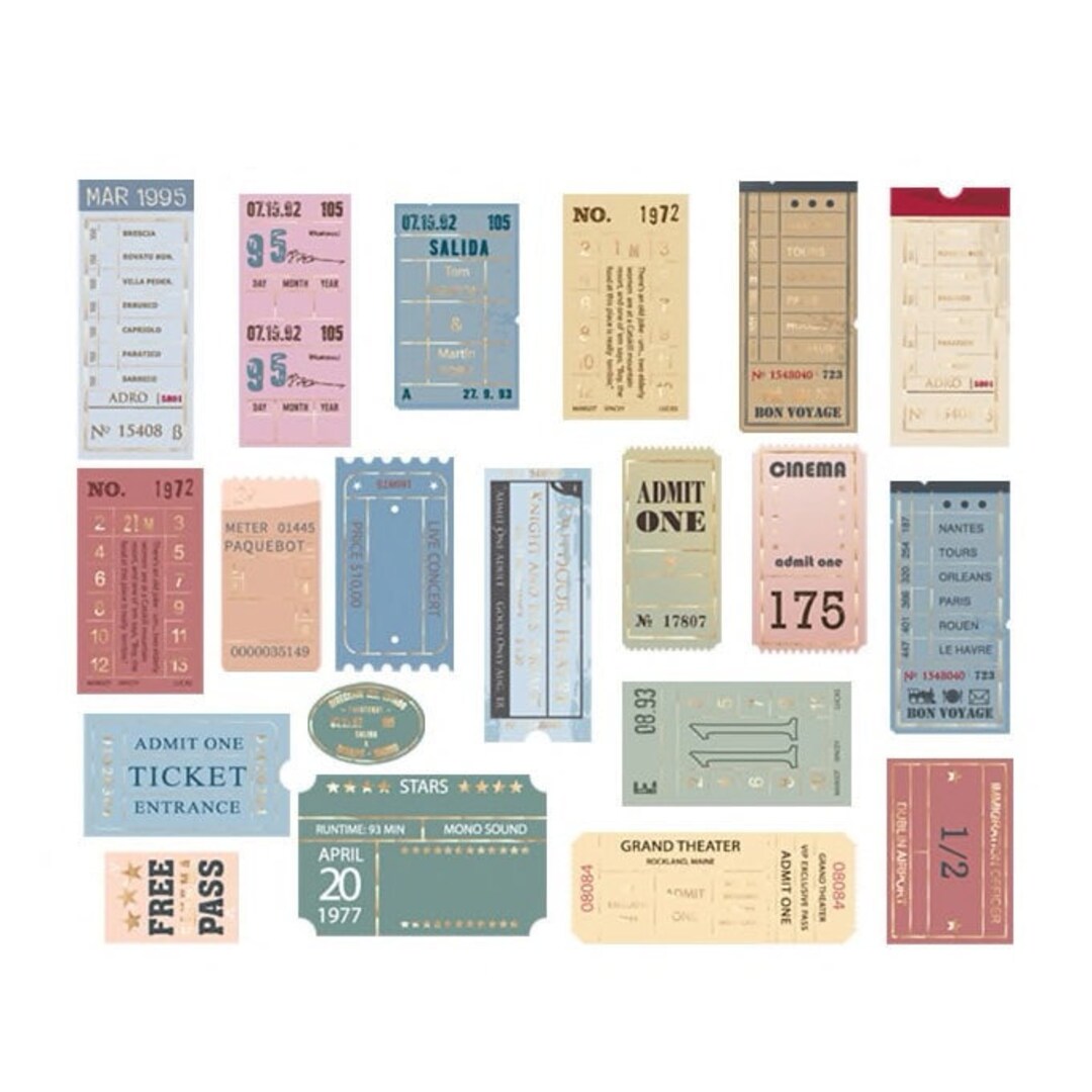 40 Vintage Travel Cinema Ticket Sticker Set Gold Foiled Scrapbooking ...