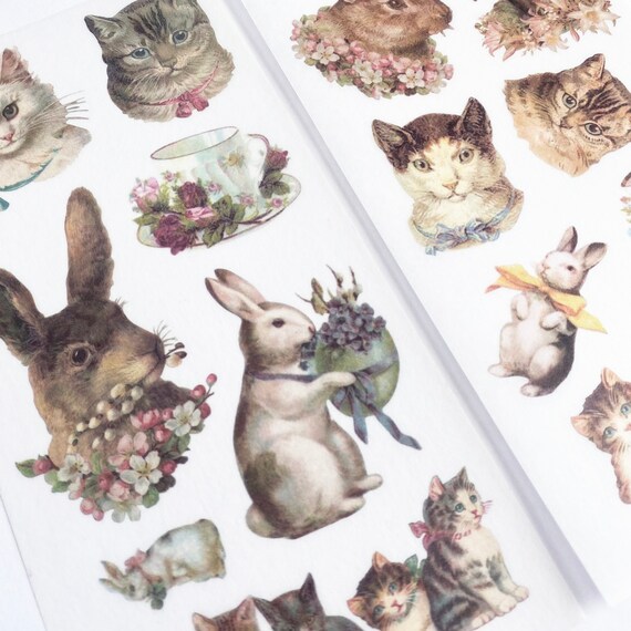 Rabbit & Cat Stickers Vintage Dull Old Kitten Bunny Flower Cup Animal ...