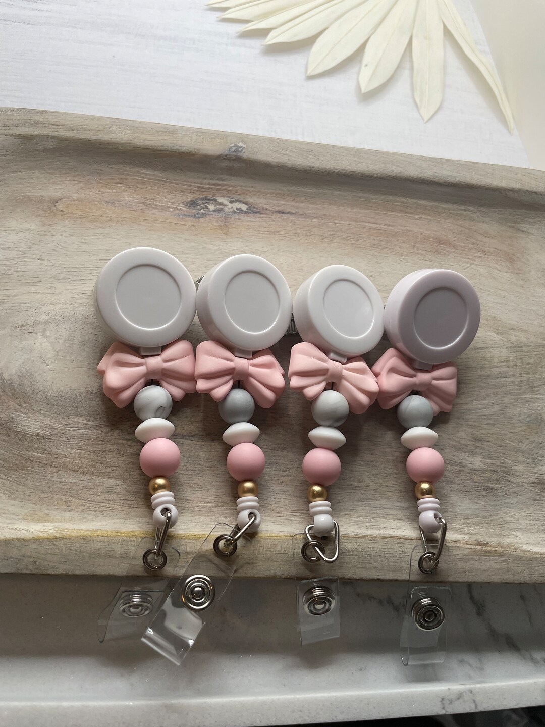 Pink Bow ID Badge Reel Beaded Swivel Clip Id Badge Retractable Coquette ...