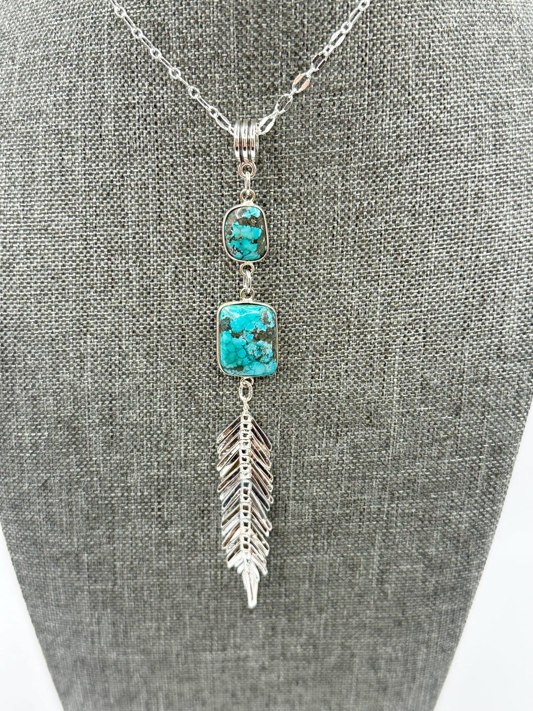 Genuine Turquoise Two Stone Pendant and Silver Feather Necklace on Lip ...