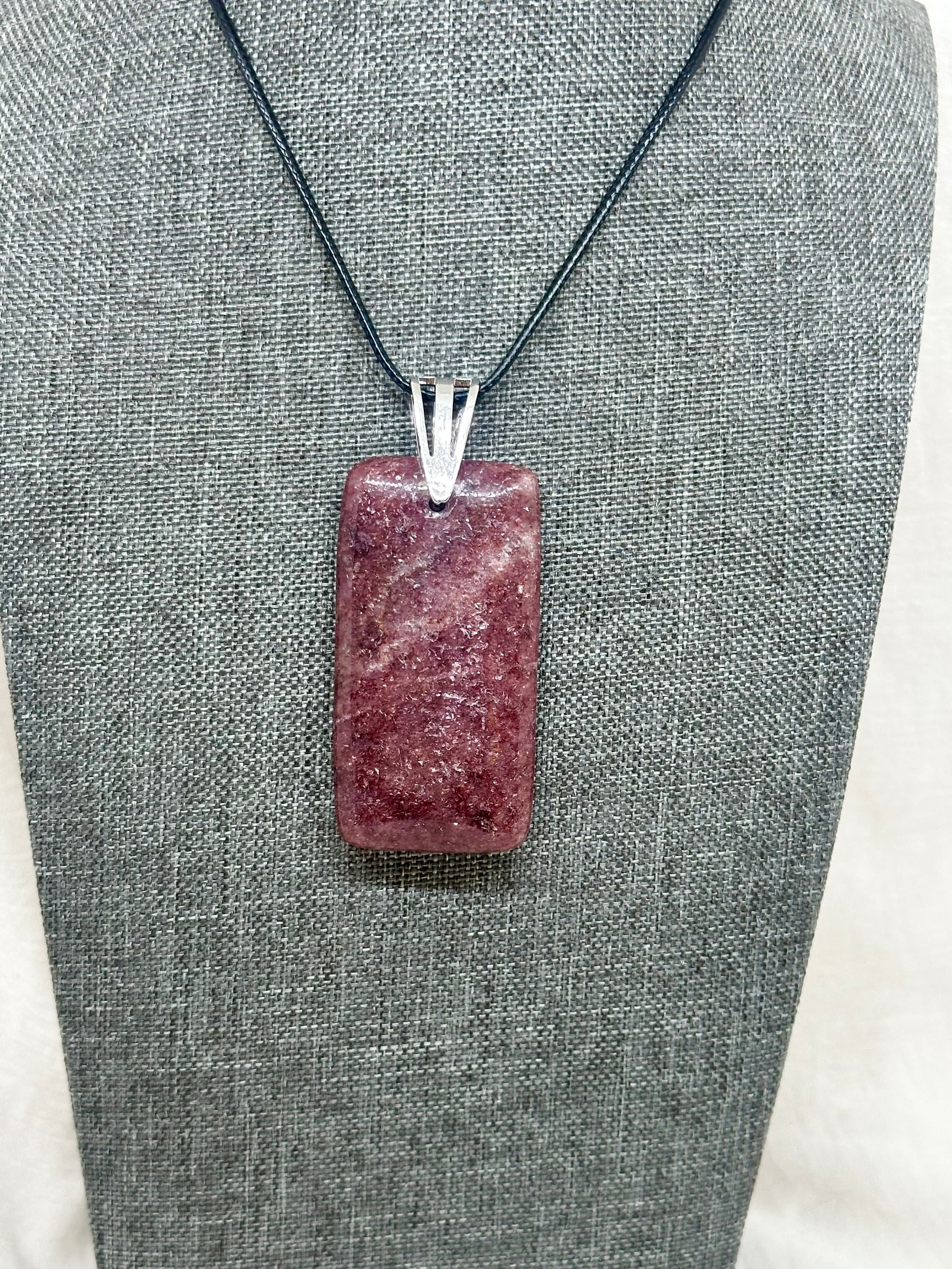 Microcrystalline Rose Quartz Long Rectangle Pendant Necklace on Black ...