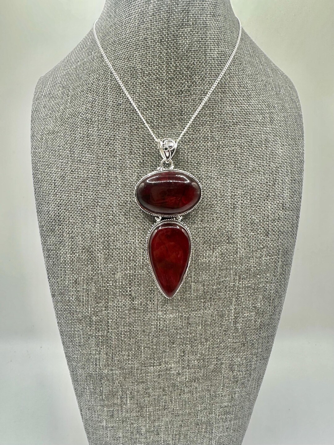 Rare Fiery Red Labradorite Two Stone Pendant Necklace on Sterling ...