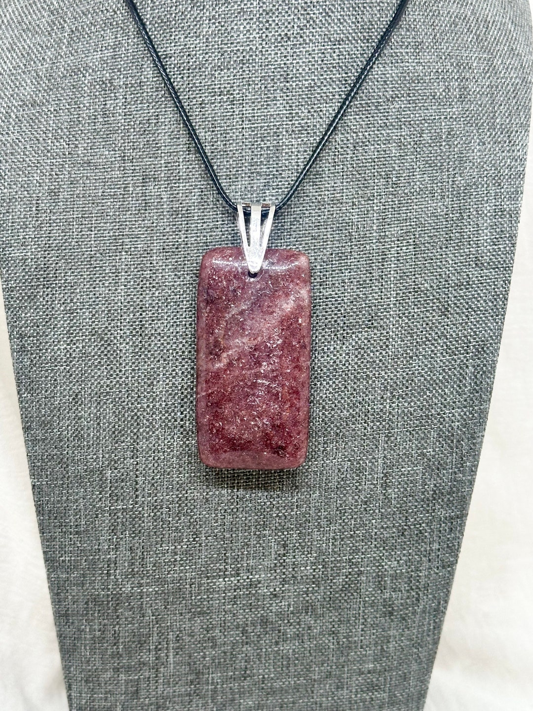 Microcrystalline Rose Quartz Long Rectangle Pendant Necklace on Black ...