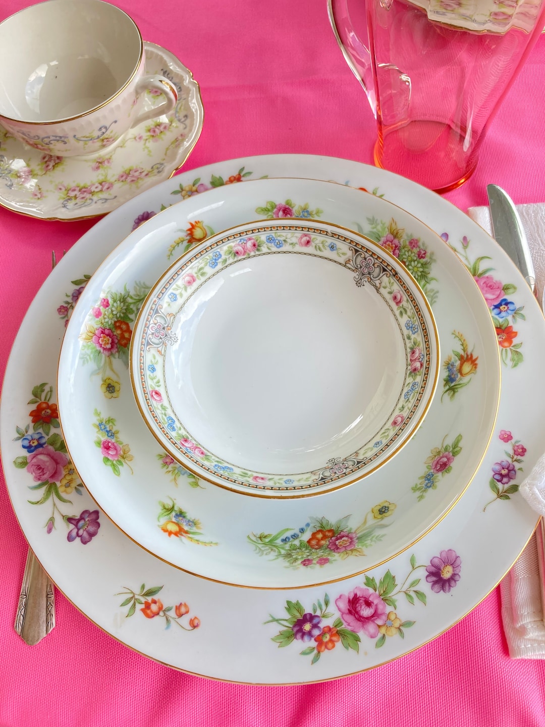Tea Party Pink Floral Dinnerware Set for 6 / Vintage / Fine China / 5 ...