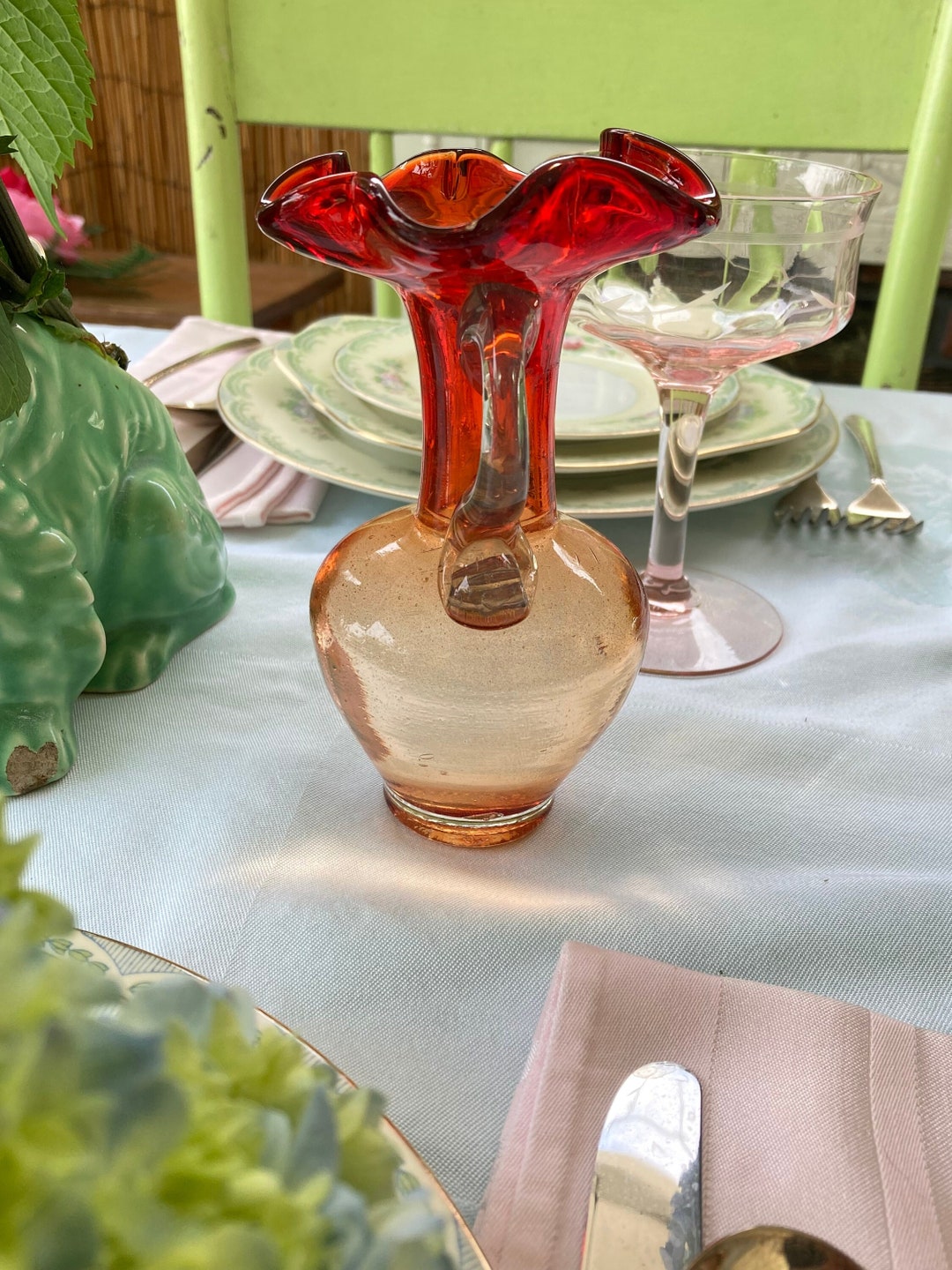 Fluted Vintage Pitcher Vase, Red Gold Hand Blown Lovely Little Flower ...