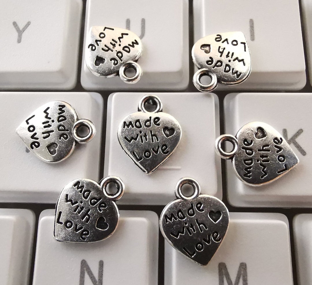 50 Pcs Double Sided Made With Love Charms, Antique Silver Tiny Heart ...