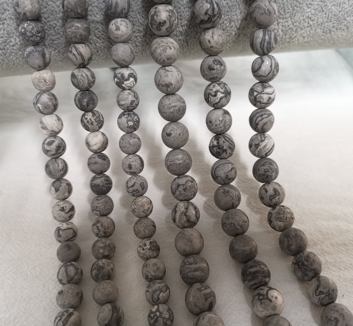 1 Full Strand Matte Natural Grey Map Jasper Beads, Gray Crazy Lace ...