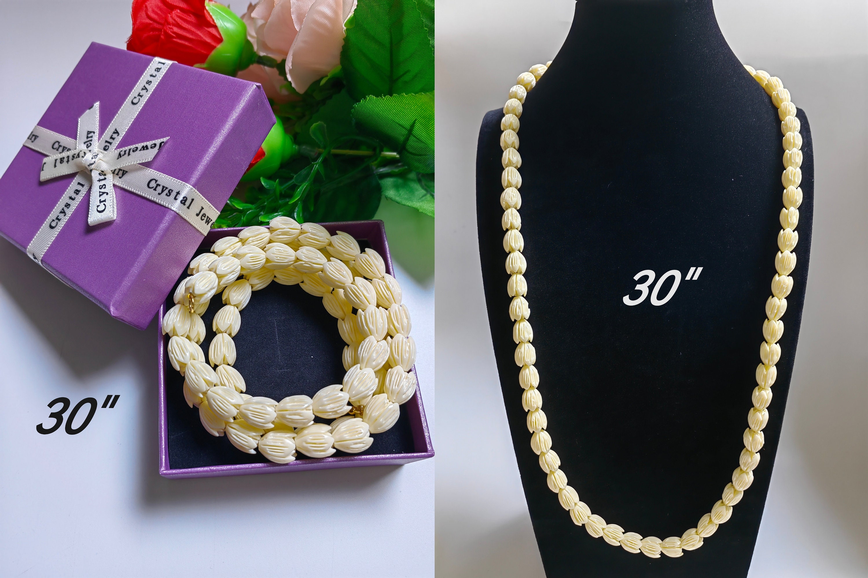 10x12mm Pikake Beaded Necklace, Carved Jasmine Flower Necklace, Lei ...