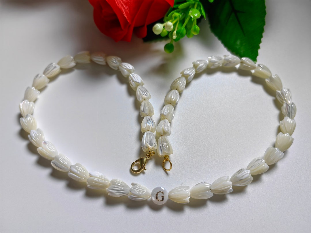 18" Natural Mother of Pearl Pikake Beaded Necklace, MOP Jasmine Flower ...