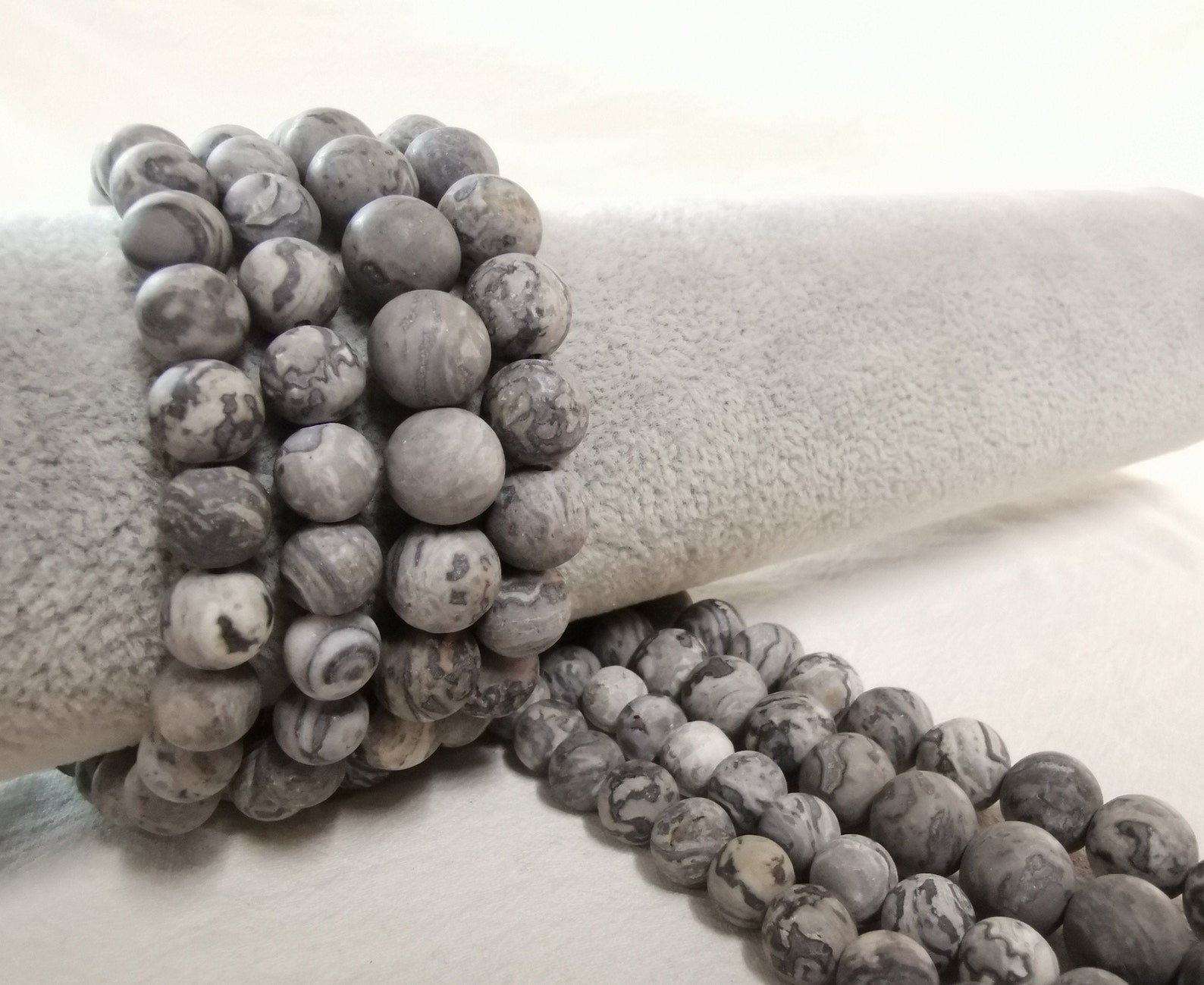 1 Full Strand Matte Natural Grey Map Jasper Beads, Gray Crazy Lace ...