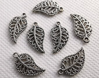 50pcs Leaf Charms Tree Leaves Charms 2 Sided Charm Antique Silver Tone ...