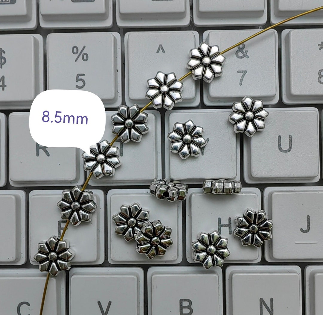 30 - 50 Pcs Antique Silver Flat Metal Beads, 8.5mm Double Sided Flower ...