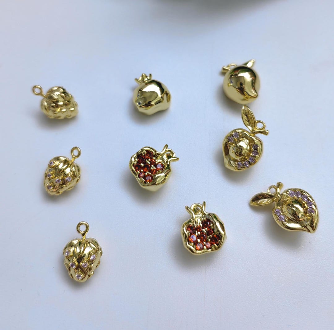 CZ Micro Pave Fruit Charms, Gold Plated Strawberry. Pomegranate. Peach ...