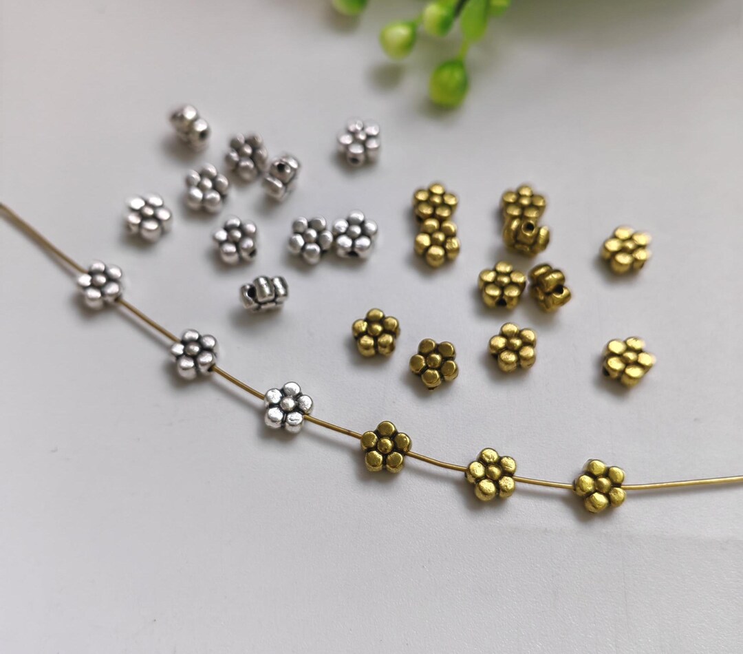 6mm Double Sided Metal Flower Beads, Antique Silver . Gold Flat Flower ...