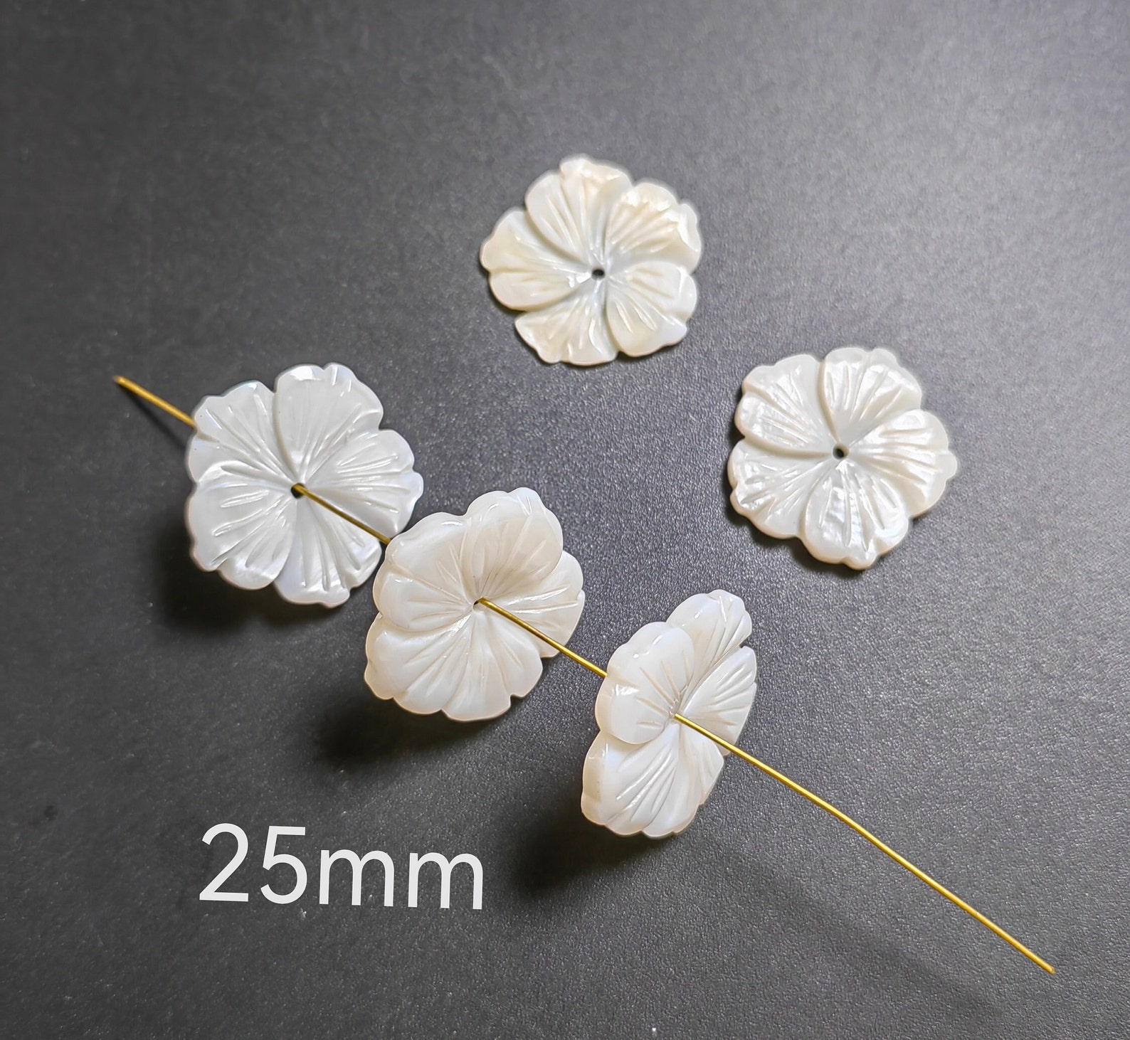 25mm Mother of Pearl Flower Spacer Beads, White Shell Flower Beads ...