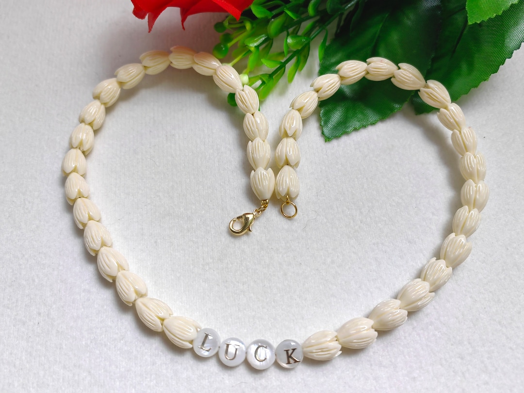 18" Hawaii Pikake Beaded Necklace, MOP "luck" Necklace, Jasmine Flower ...