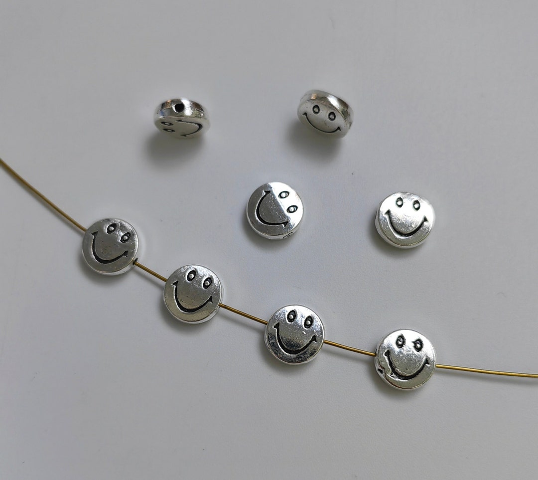 Double Sided Antique Silver Smiley Beads, 9.5mm Metal Smiley Face Beads ...