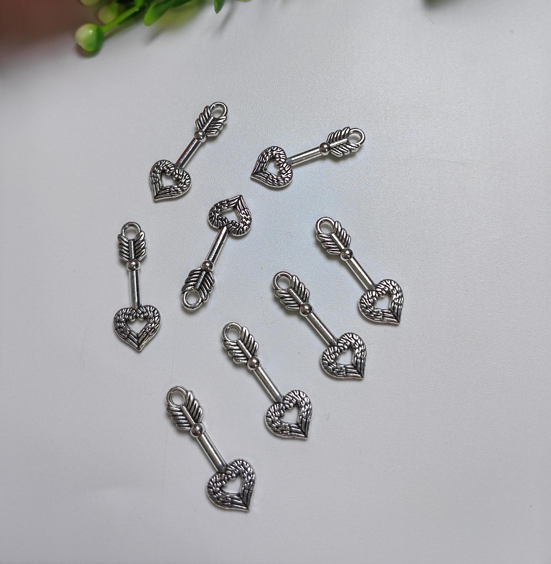 50pcs Antique Silver Heart Arrow Charms, Double Sided Metal Arrow ...