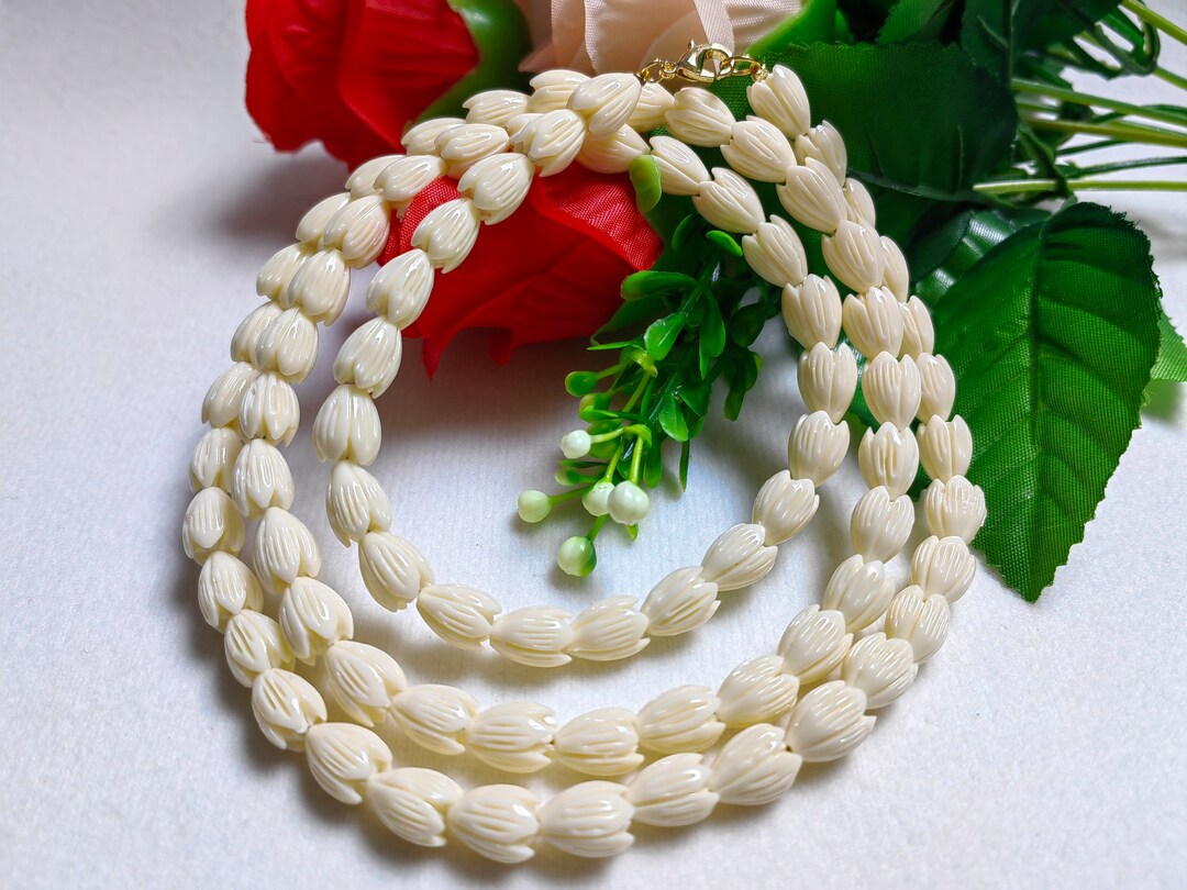 8x10mm Pikake Beaded Necklace, Carved Jasmine Flower Necklace, Lei ...