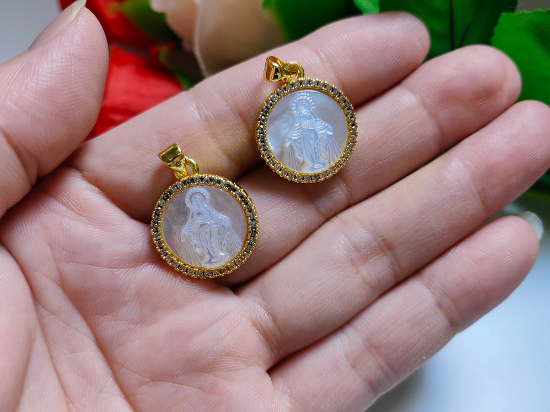 Mother of Pearl Virgin Mary Cameo Charms Pendant, 19x22 Mm CZ Pave Jess ...