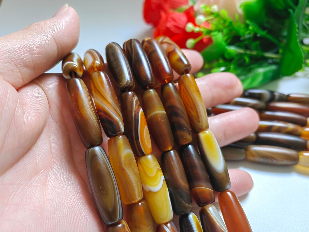 1 Full Strand Tibetan Striped Dzi Agate Beads, 10x30 Mm Long Agate ...