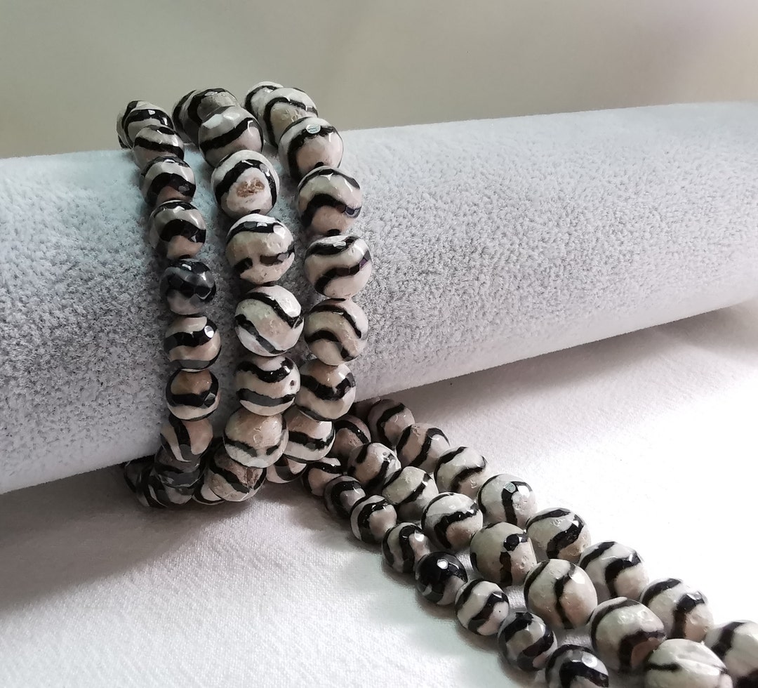 1 Full Strand Faceted Tibetan Agate Beads, Tibetan Dzi Beads, Black ...