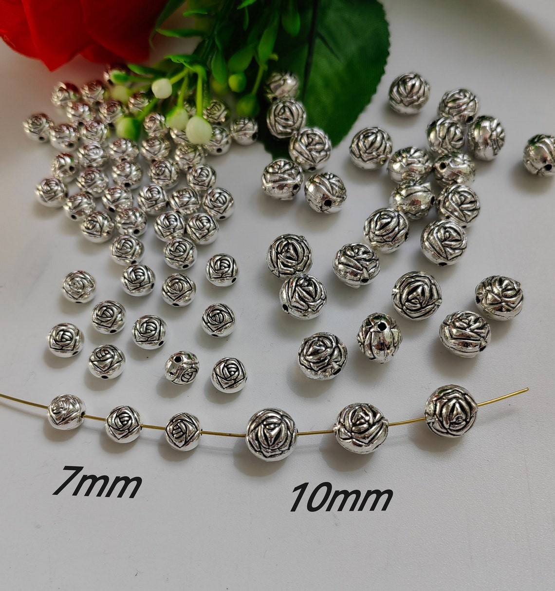 20pcs Double Sided Rose Flower Spacer Beads, Antique Silver Metal ...