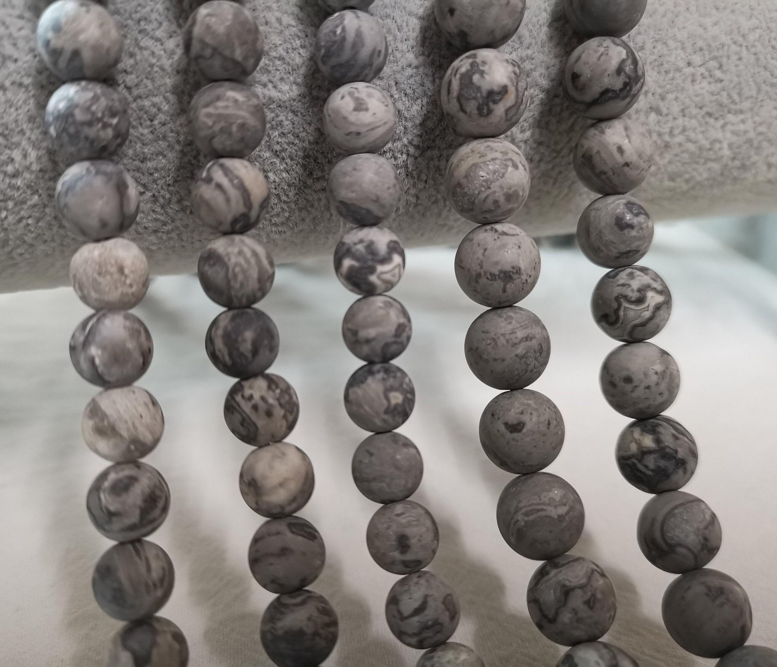1 Full Strand Matte Natural Grey Map Jasper Beads, Gray Crazy Lace ...