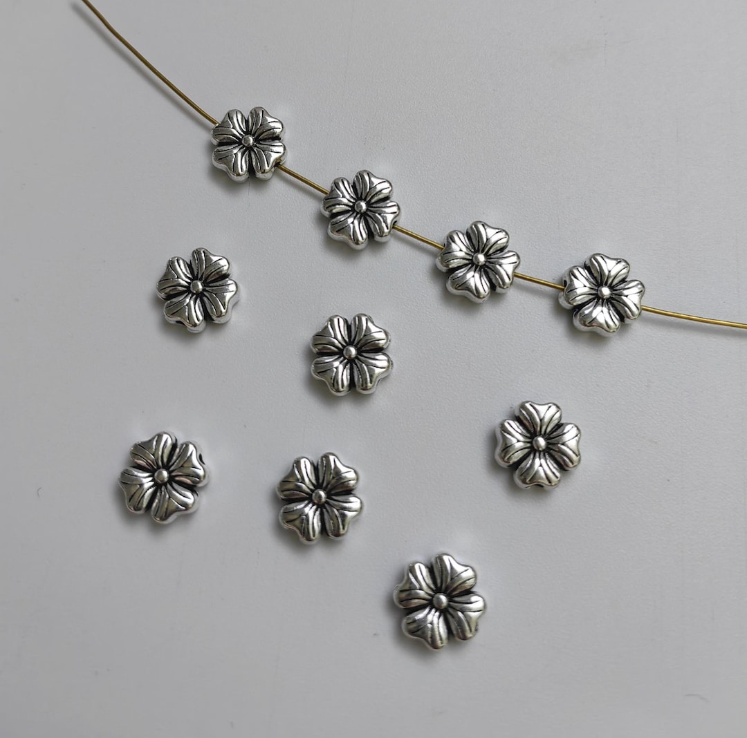 9.5mm Double Sided Four Leaf Clover Beads, Antiqued Silver Metal Four ...