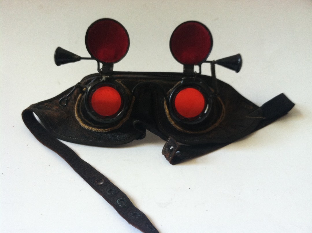Antique Steampunk Authentic Glasses Goggle Flip Metal Red Lens Leather ...