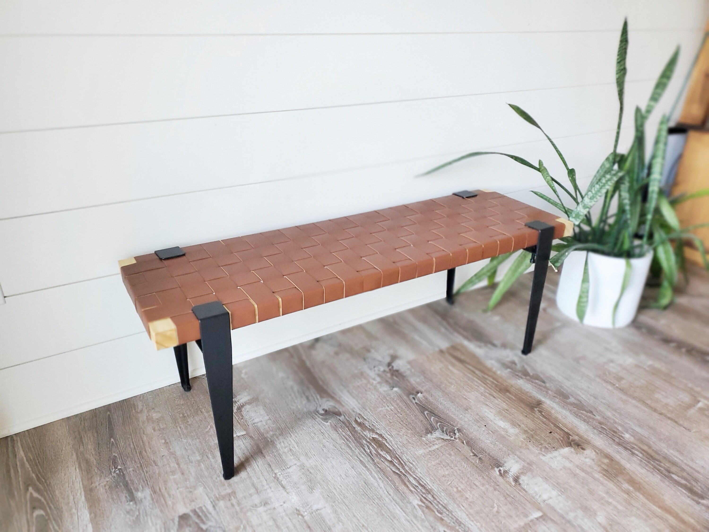 Black leather woven bench store