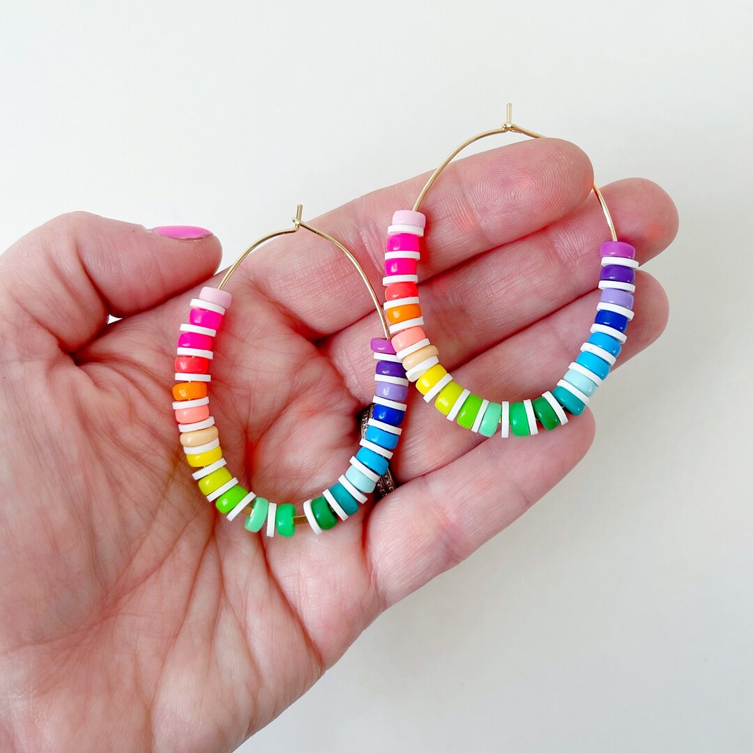 Rainbow Beaded Hoops - Etsy