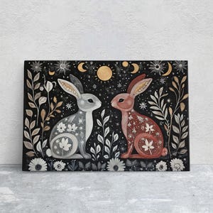 Rabbit Folk Art, Celestial Art, Bunny Art, Nature Print, Canvas Print ...