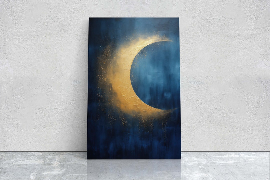 Gold Moon on Indigo, Moon Painting, Minimalist Art, Circle Indigo ...
