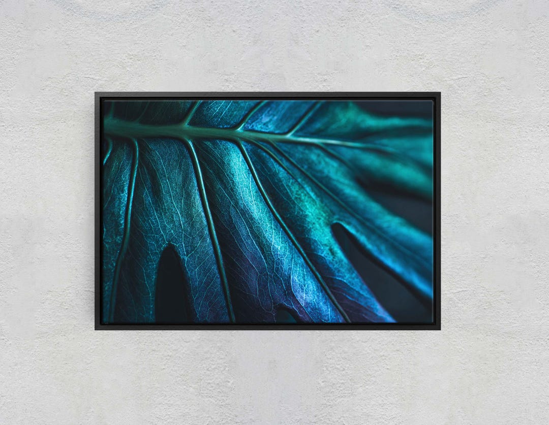 Moody Teal Tropical Leaf Canvas Print, Dark Green Botanical Macro Wall ...