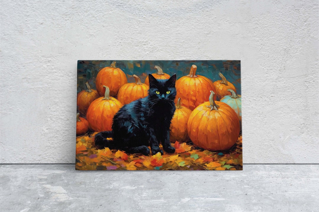Black Cat Pumpkin Patch on Canvas, Halloween Decor, Fall Pumpkin ...