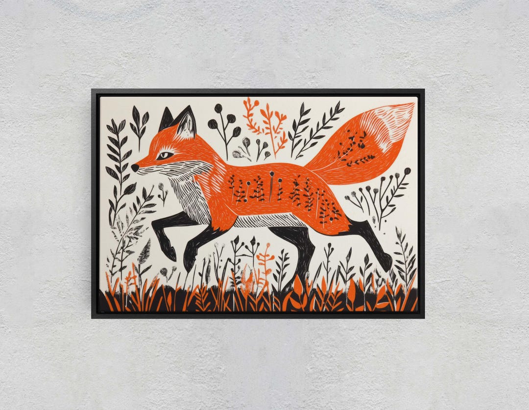 Fox Linocut, Folk Art, Scandinavian Art, Framed Canvas, Nature Print ...